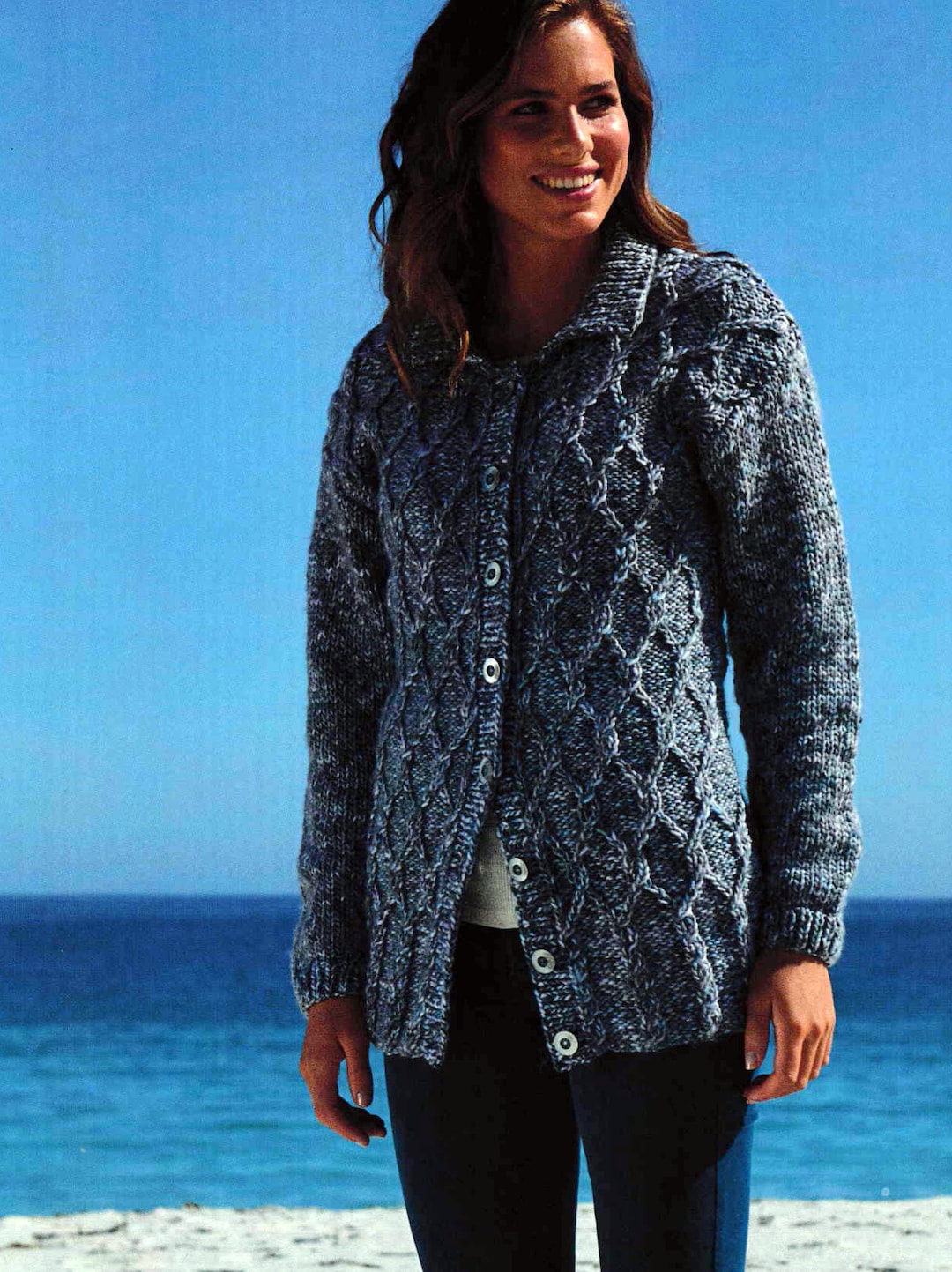 Woman's Chunky Diamond Cable Cardigan With Collar in Chunky - Bulky ...