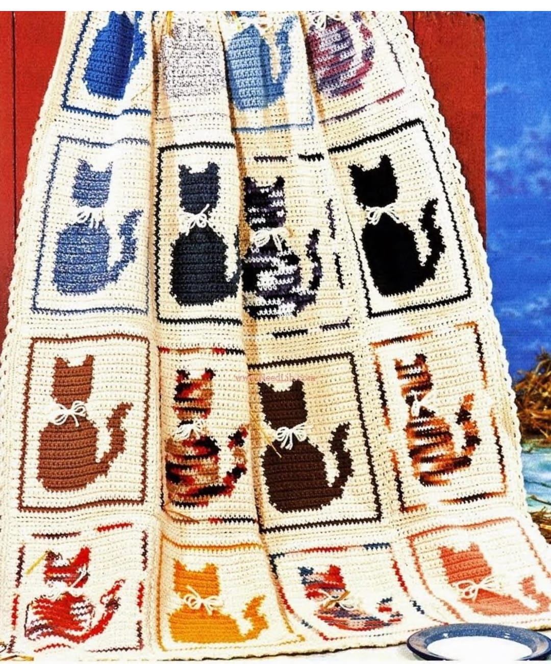 Vintage Crochet Blanket Afghan Cats Kittens 42