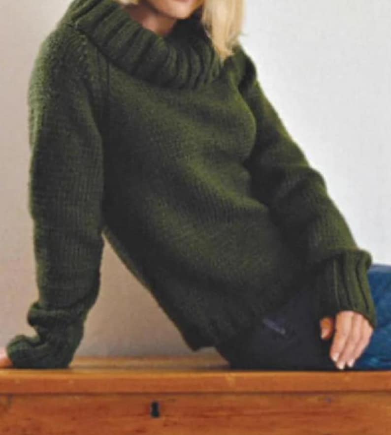Easy Quick Knit Beginner Stocking Stitch Sweater Raglan~ Fold Over Cowl ...
