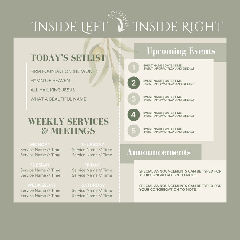 Olive & Neutrals Church Bulletin Template | Editable Canva Digital ...