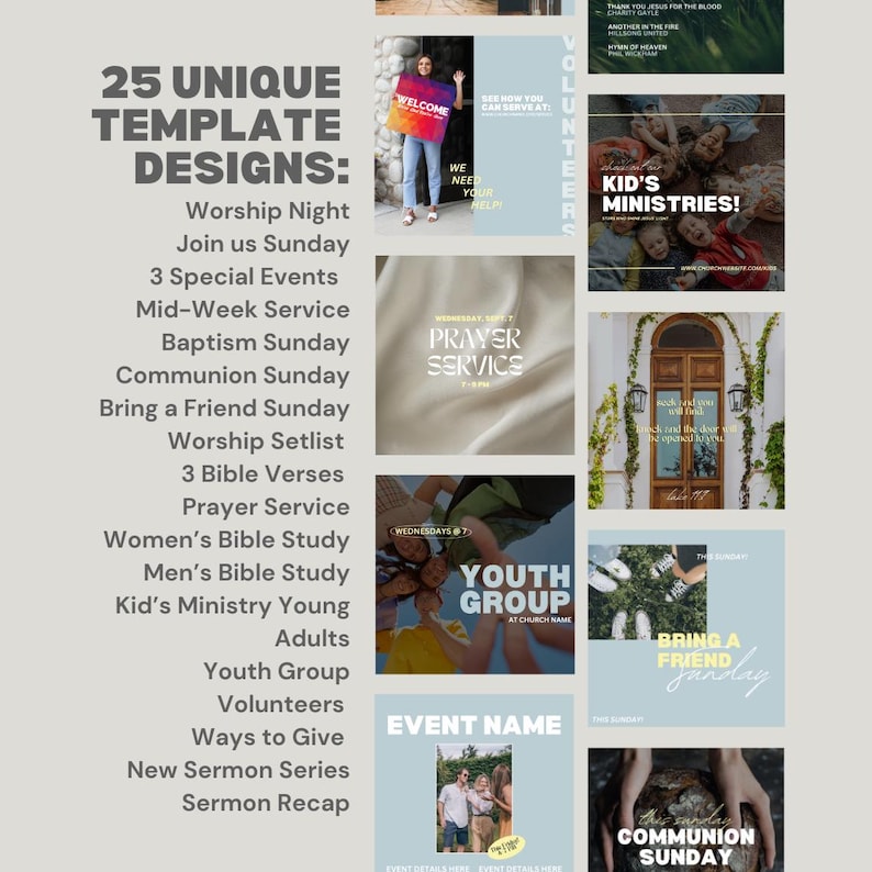 Church Instagram Post Bundle | Soft Blues Theme | Canva Editable ...