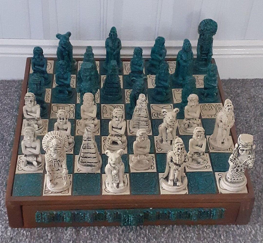 Vintage Handmade Mayan Aztec Style Chess Set With Drawer Resin and Wood ...
