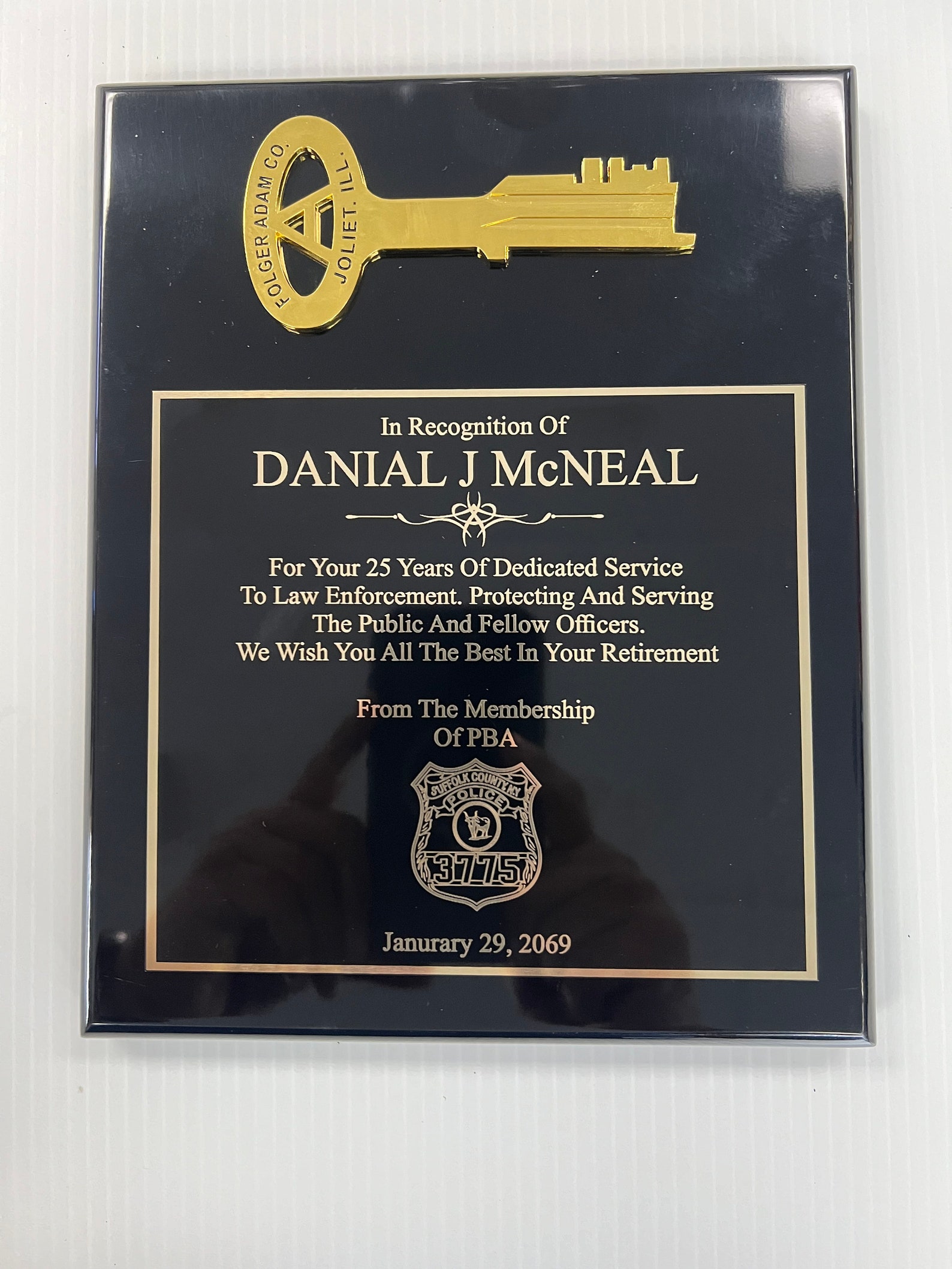 8x10 Corrections Retirement Plaque Black Piano Finish With Key Replica ...