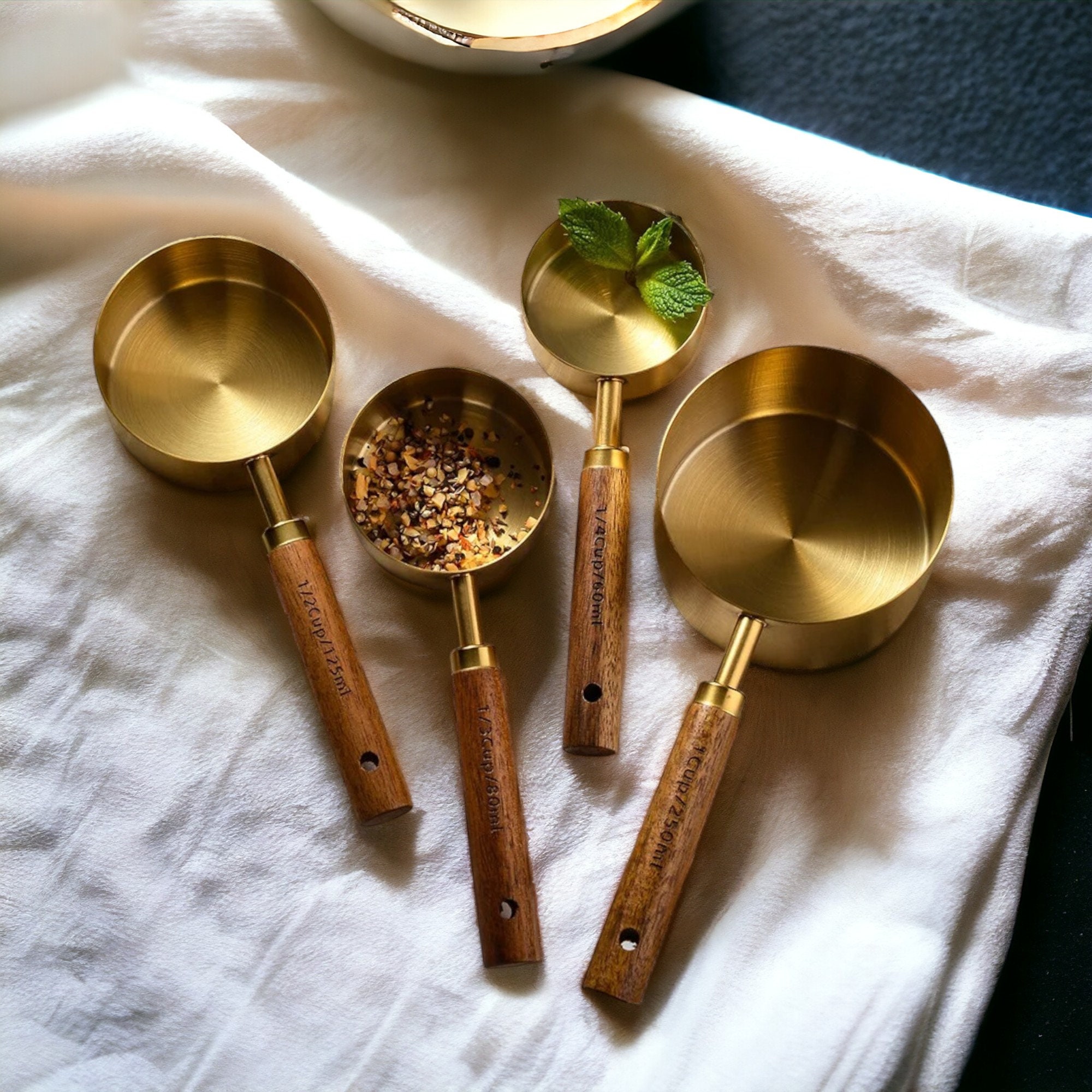 Handcrafted Gold Measuring Cup Set Stainless Steel Wooden Measuring ...