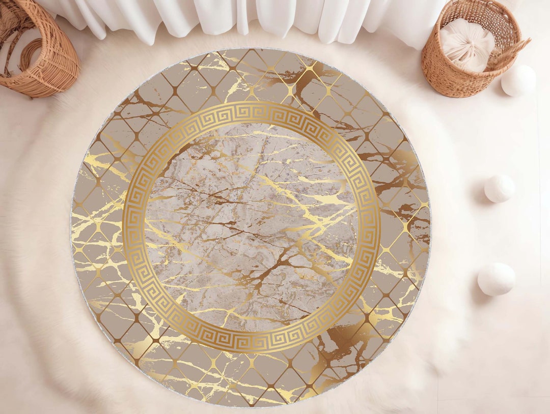 Gold Marble Round Rug, Gold Greek Round Rugs, Modern Marble Rug, Marble ...