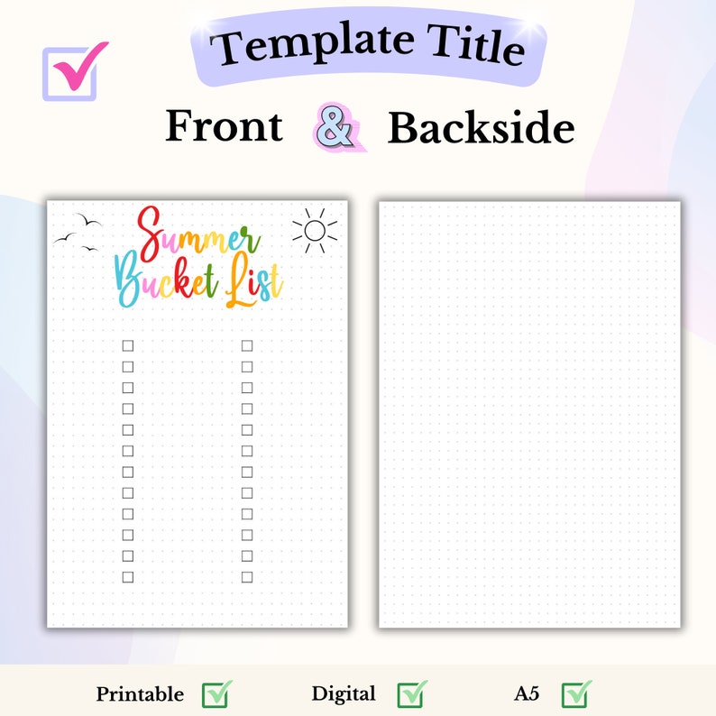 Summer Bucket List Bullet Journal Page A5 PDF Printable Bucket List ...