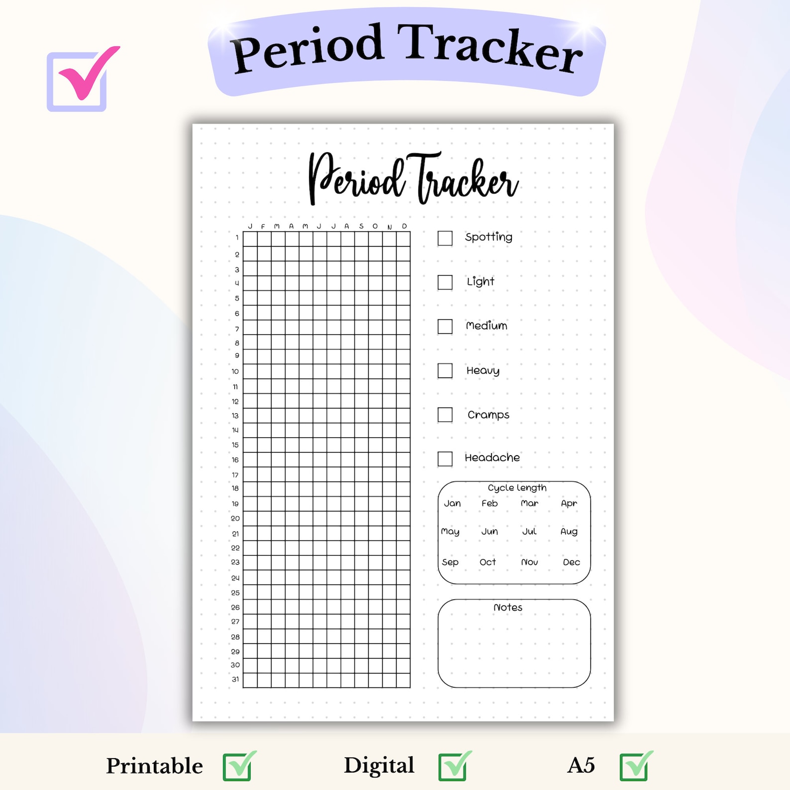 Period Tracker Bullet Journal Page Cycle Tracker Menstruation Log ...