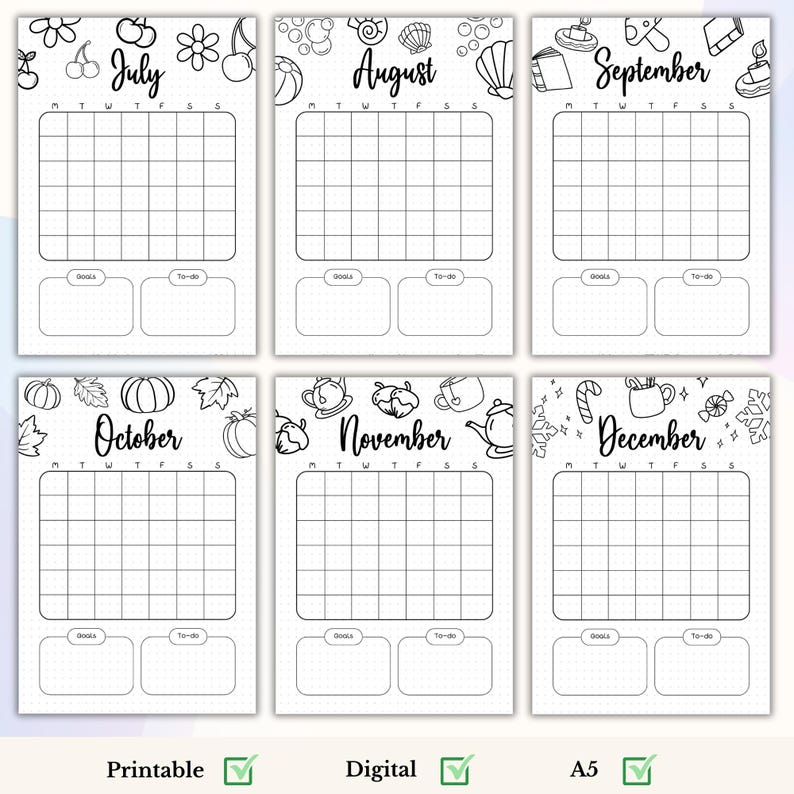 12 Month Calendar Pages Bullet Journal Bundle Monthly Planner Journal ...