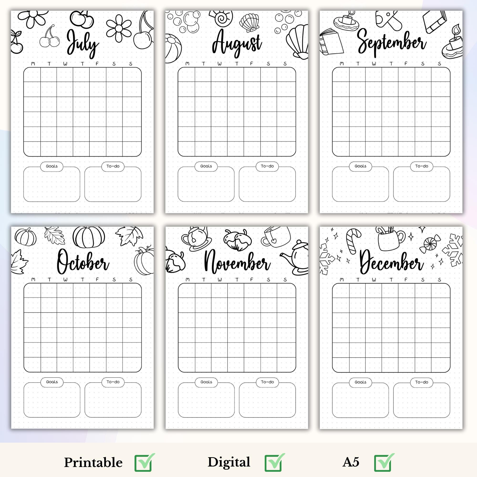 12 Month Calendar Pages Bullet Journal Bundle Monthly Planner Journal ...