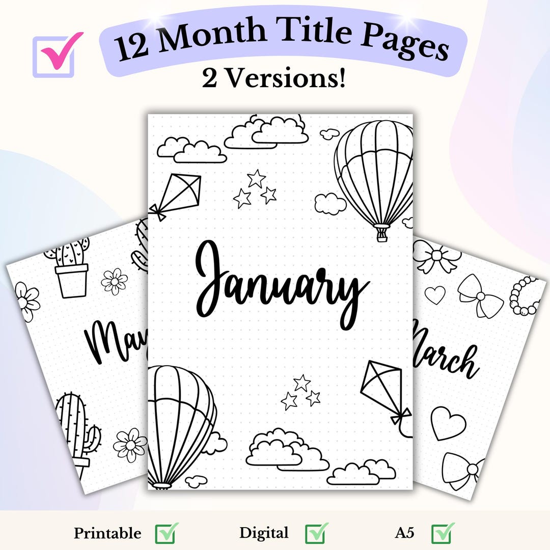 12 Month Cover Pages Bullet Journal Bundle Title Page Bullet Journal ...