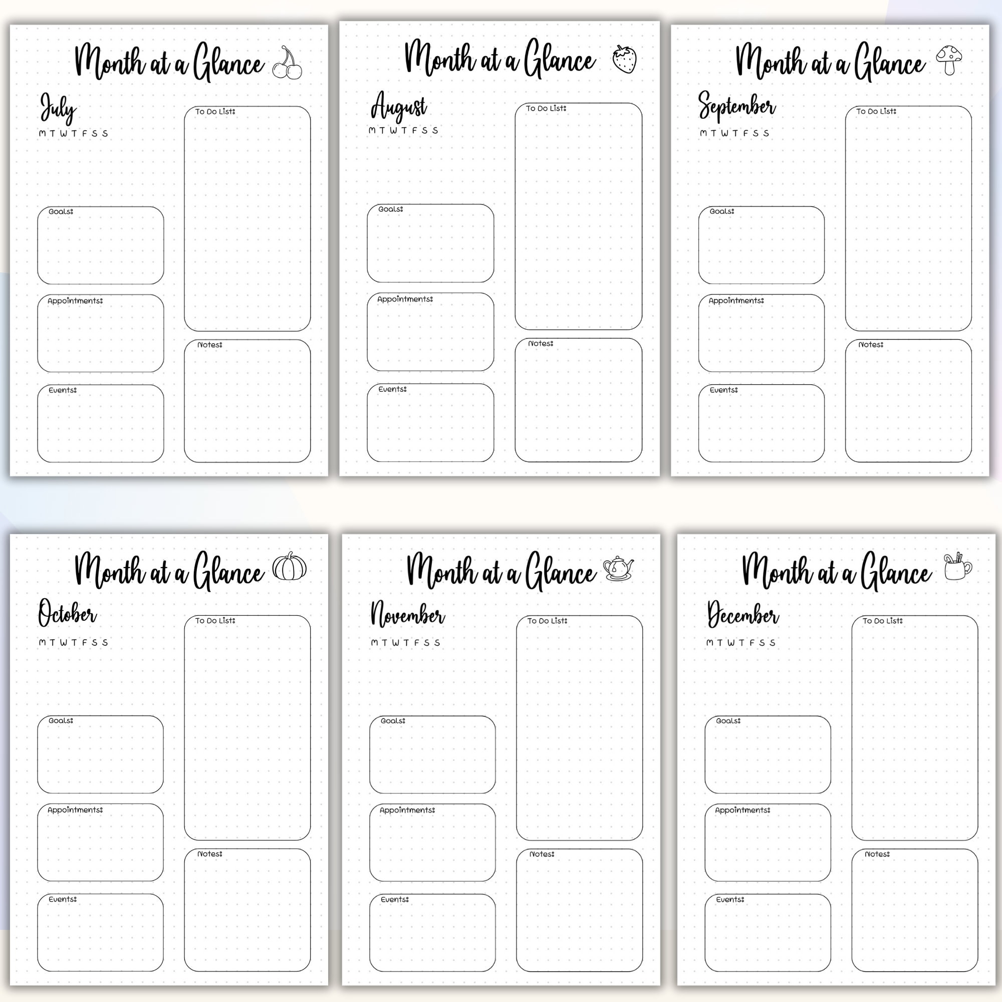 12 Month at a Glance Bullet Journal Pages Monthly Planner Journal ...