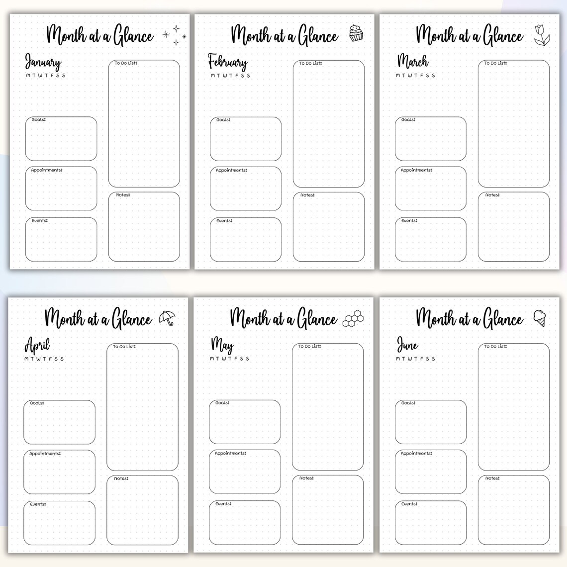 12 Month at a Glance Bullet Journal Pages Monthly Planner Journal ...