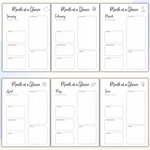 12 Month at a Glance Bullet Journal Pages Monthly Planner Journal ...