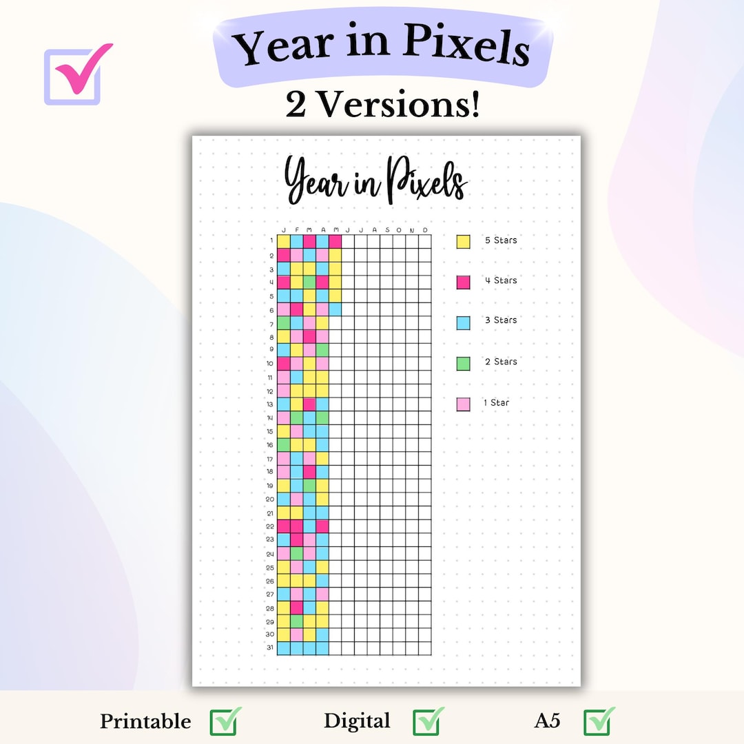 Year in Pixels Bullet Journal Printable Page PDF Yearly Mood Tracker ...