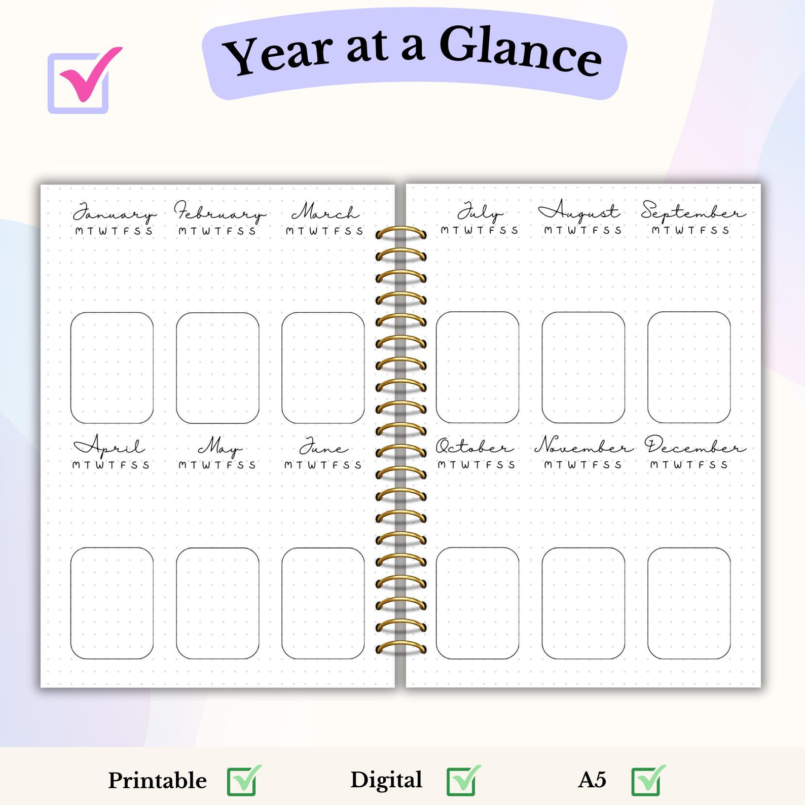 Year at a Glance Bullet Journal A5 Printable Undated Yearly Tracker ...