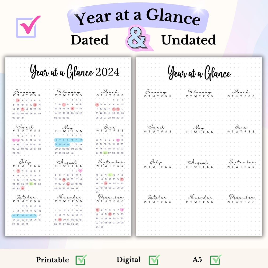Year at a Glance Bullet Journal A5 Printable Dated and Undated Yearly ...