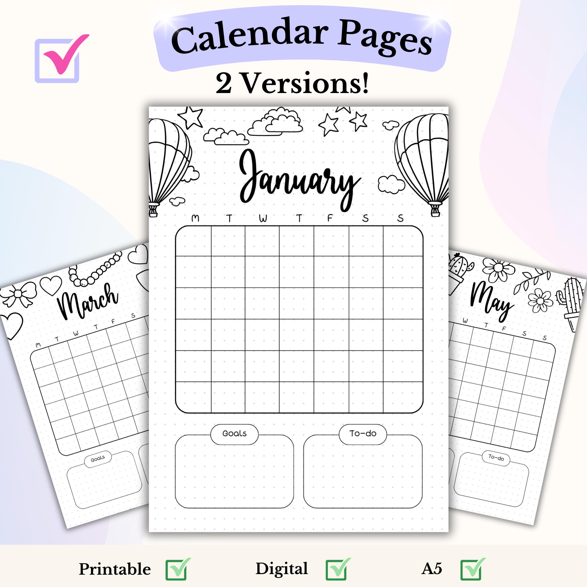 12 Month Calendar Pages Bullet Journal Bundle Monthly Planner Journal ...