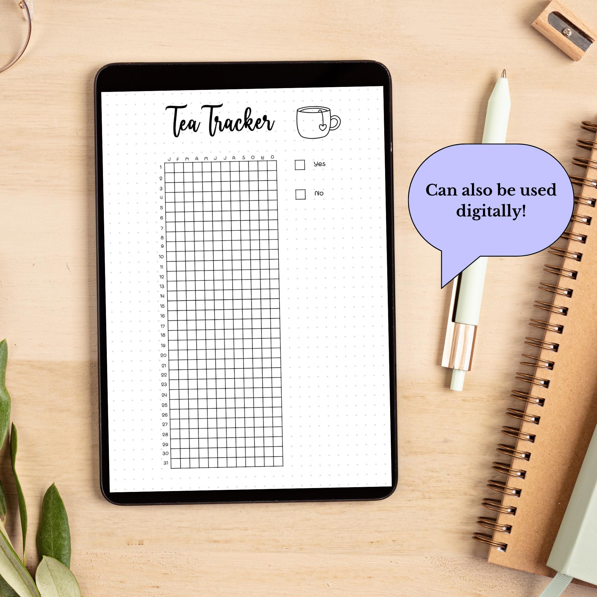 Tea Tracker Bullet Journal Printable Page Yearly Tea Log Daily Caffeine ...