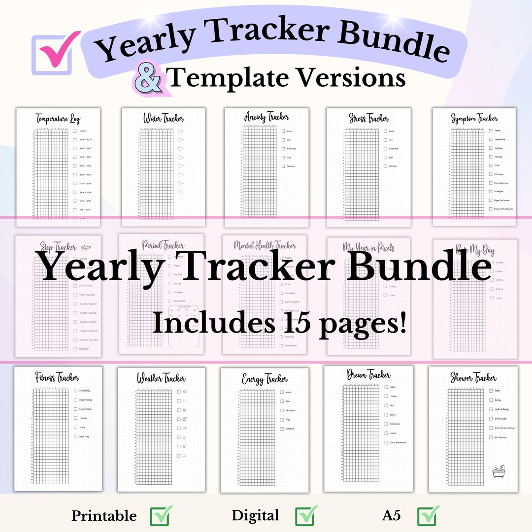 Yearly Trackers Bundle Bullet Journal Pages PDF Bullet Journal Tracker ...
