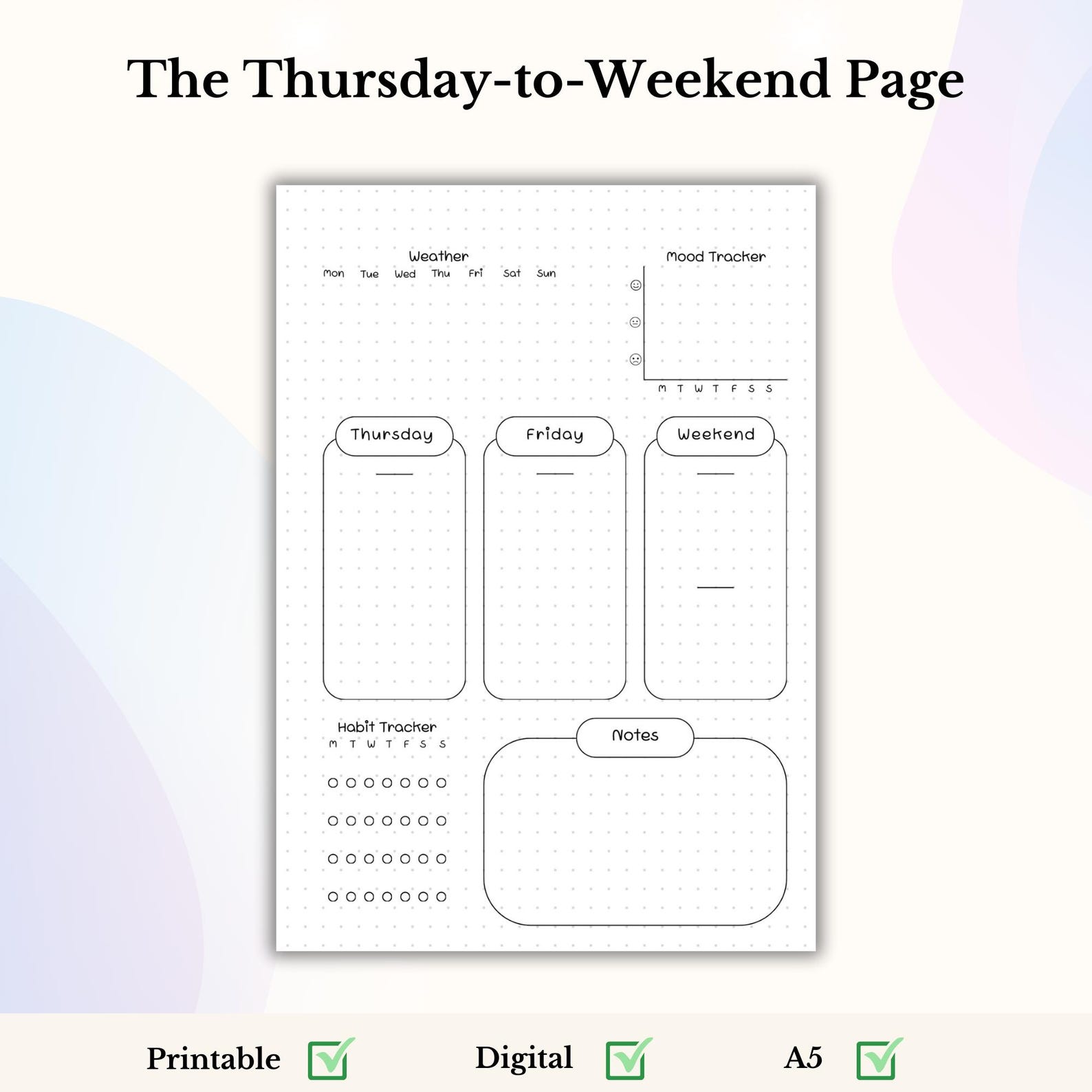 Weekly Spread Bullet Journal Page A5 Printable Digital Planner Undated ...