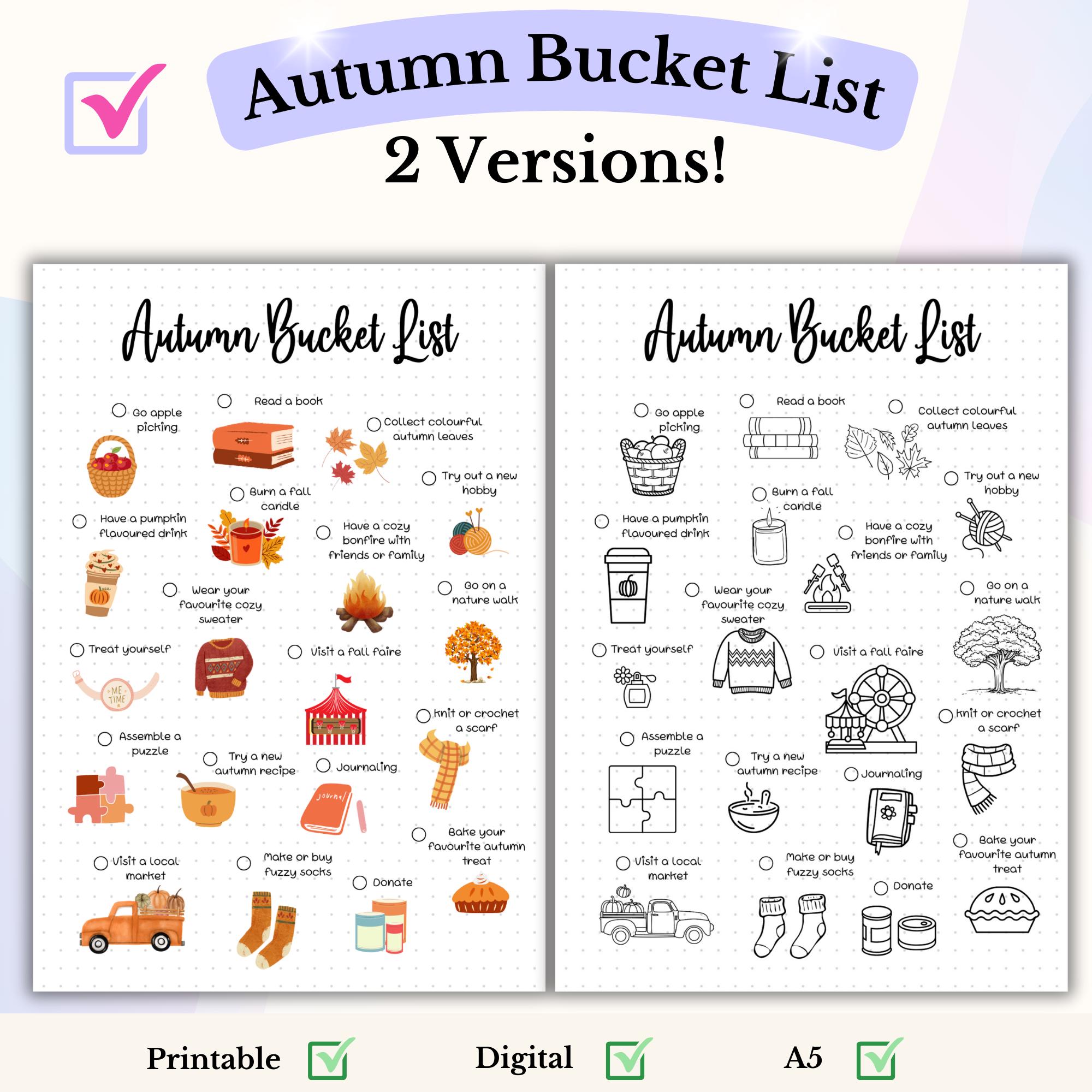 Autumn Bucket List Coloured and Uncoloured Version Fall Bucket List ...