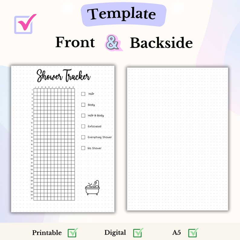 Shower Tracker A5 Bullet Journal Page Digital Monthly Tracker Insert ...