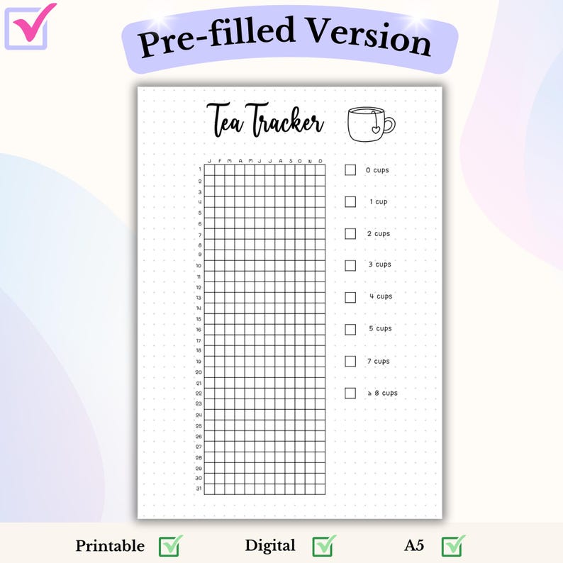 Tea Tracker Bullet Journal Printable Page Yearly Tea Log Daily Caffeine ...