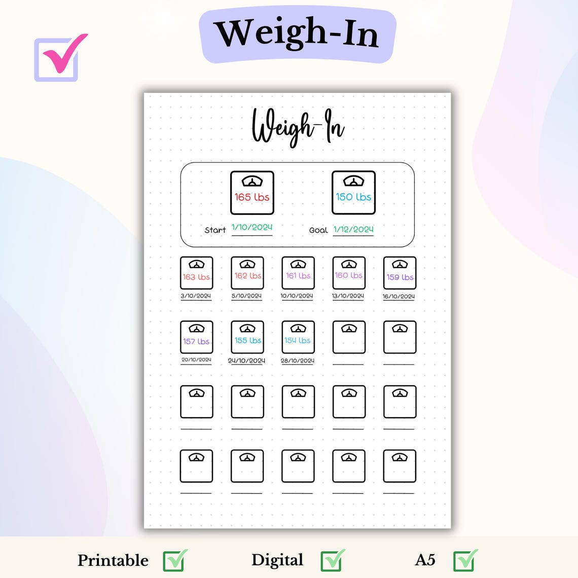 Weigh-in Tracker Bullet Journal Weight Tracker Fitness Tracker Workout ...