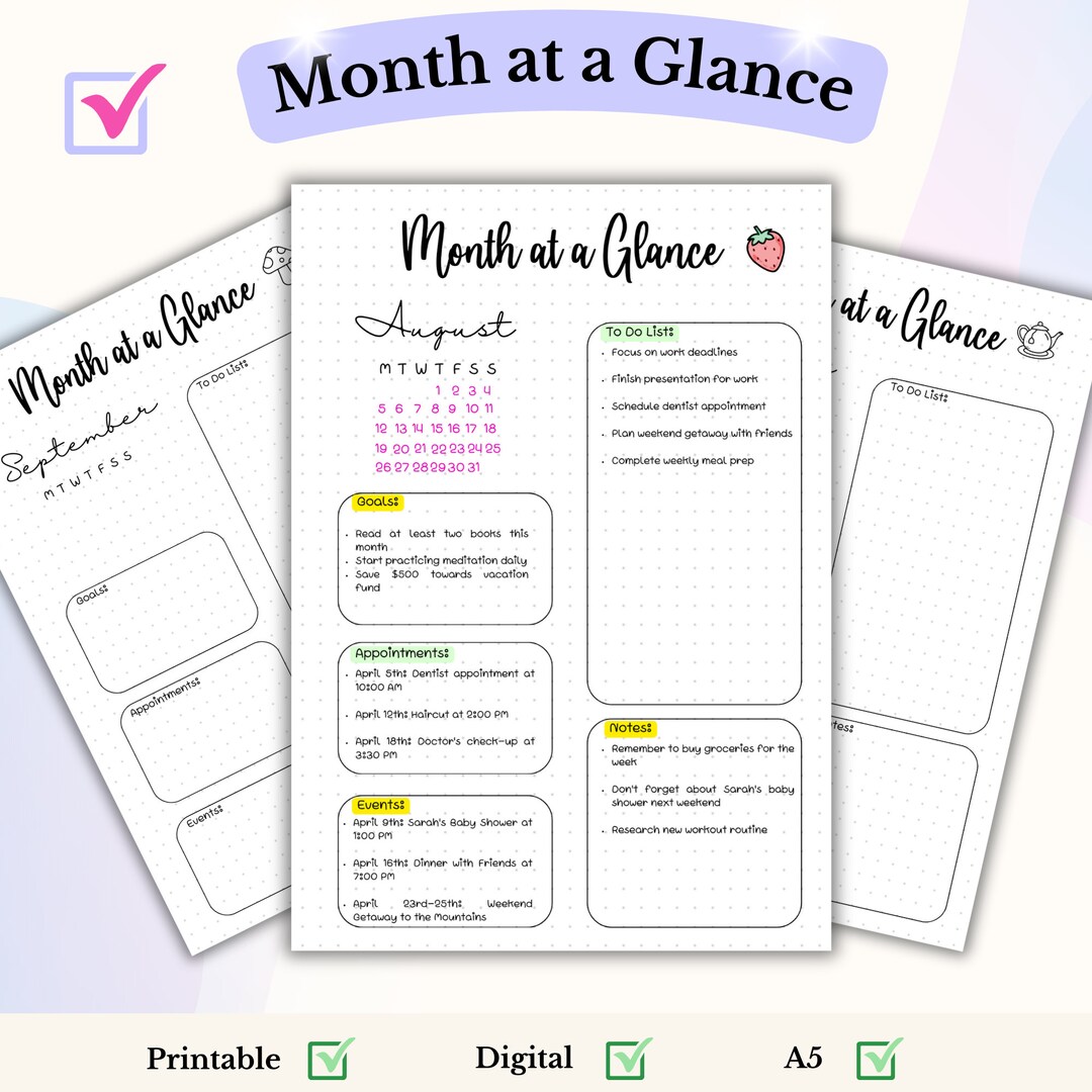 12 Month at a Glance Bullet Journal Pages Monthly Planner Journal ...