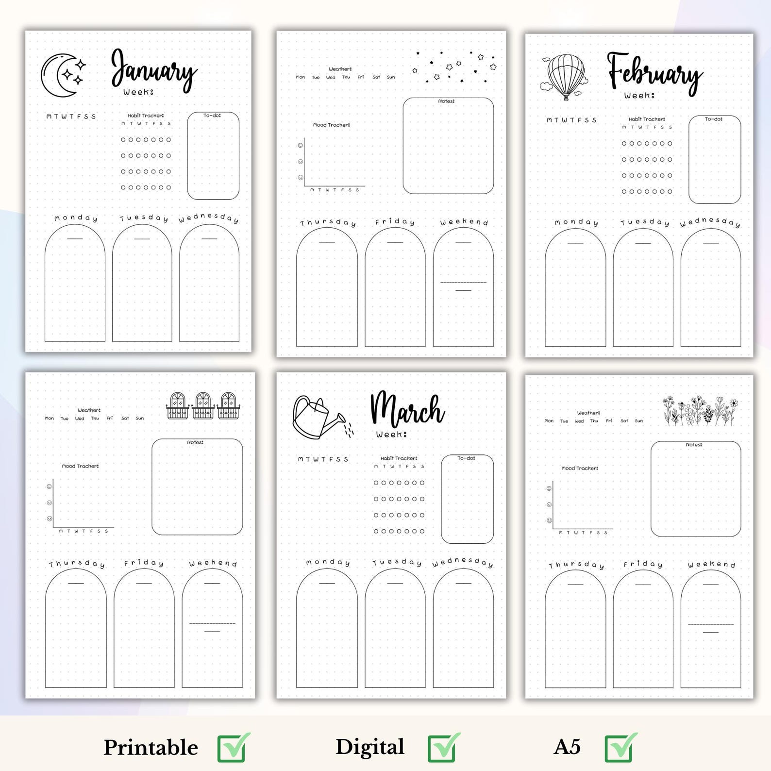 Weekly Spread Bullet Journal Page A5 Printable Digital Planner Undated ...