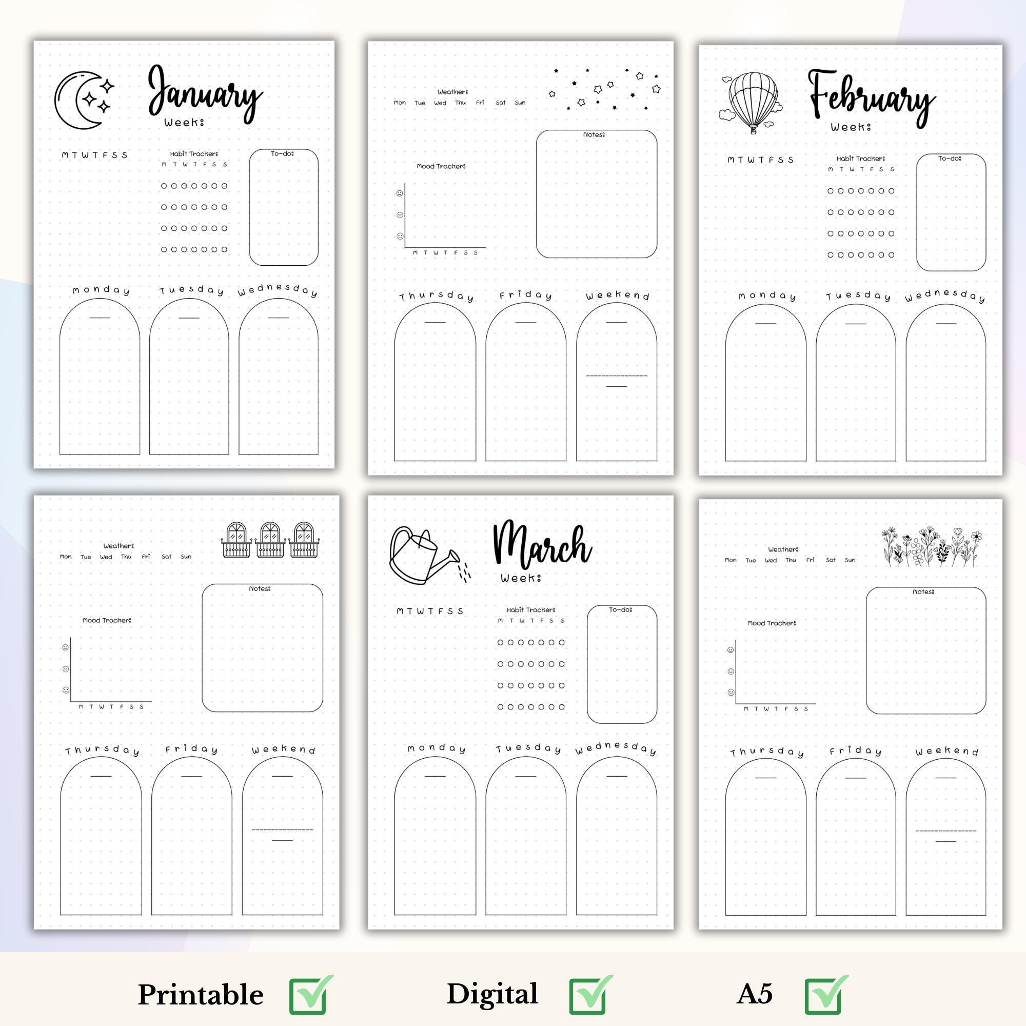 Weekly Spread Bullet Journal Page A5 Printable Digital Planner Undated ...