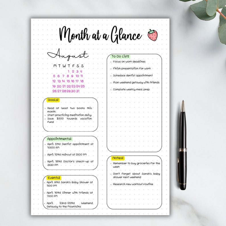 12 Month at a Glance Bullet Journal Pages Monthly Planner Journal ...