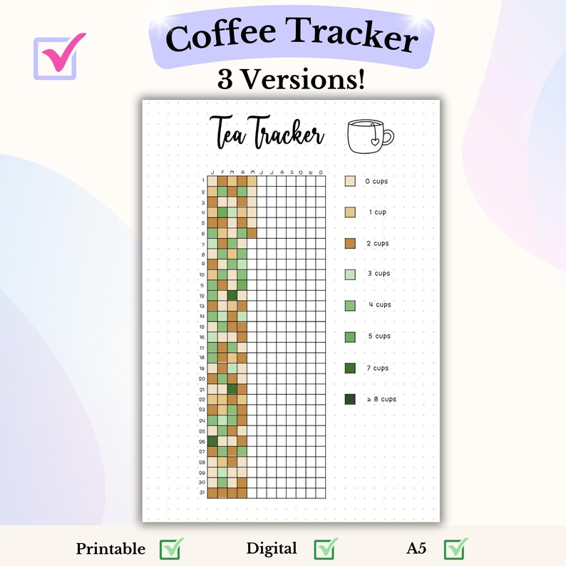 Tea Tracker Bullet Journal Printable Page Yearly Tea Log Daily Caffeine ...