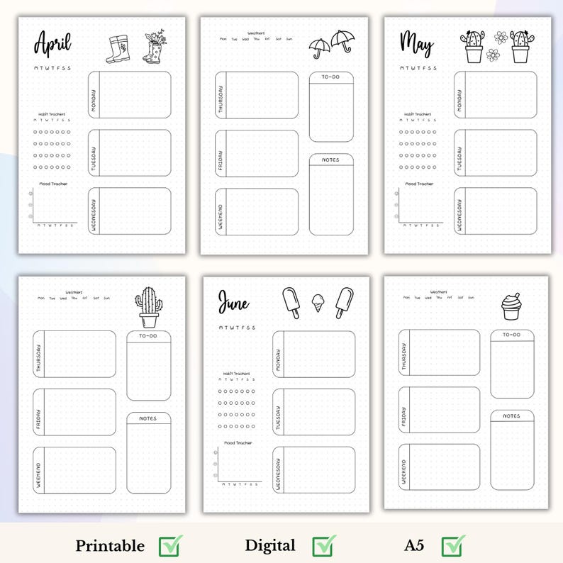 Weekly Spread Bullet Journal Page A5 Printable Digital Planner Undated ...