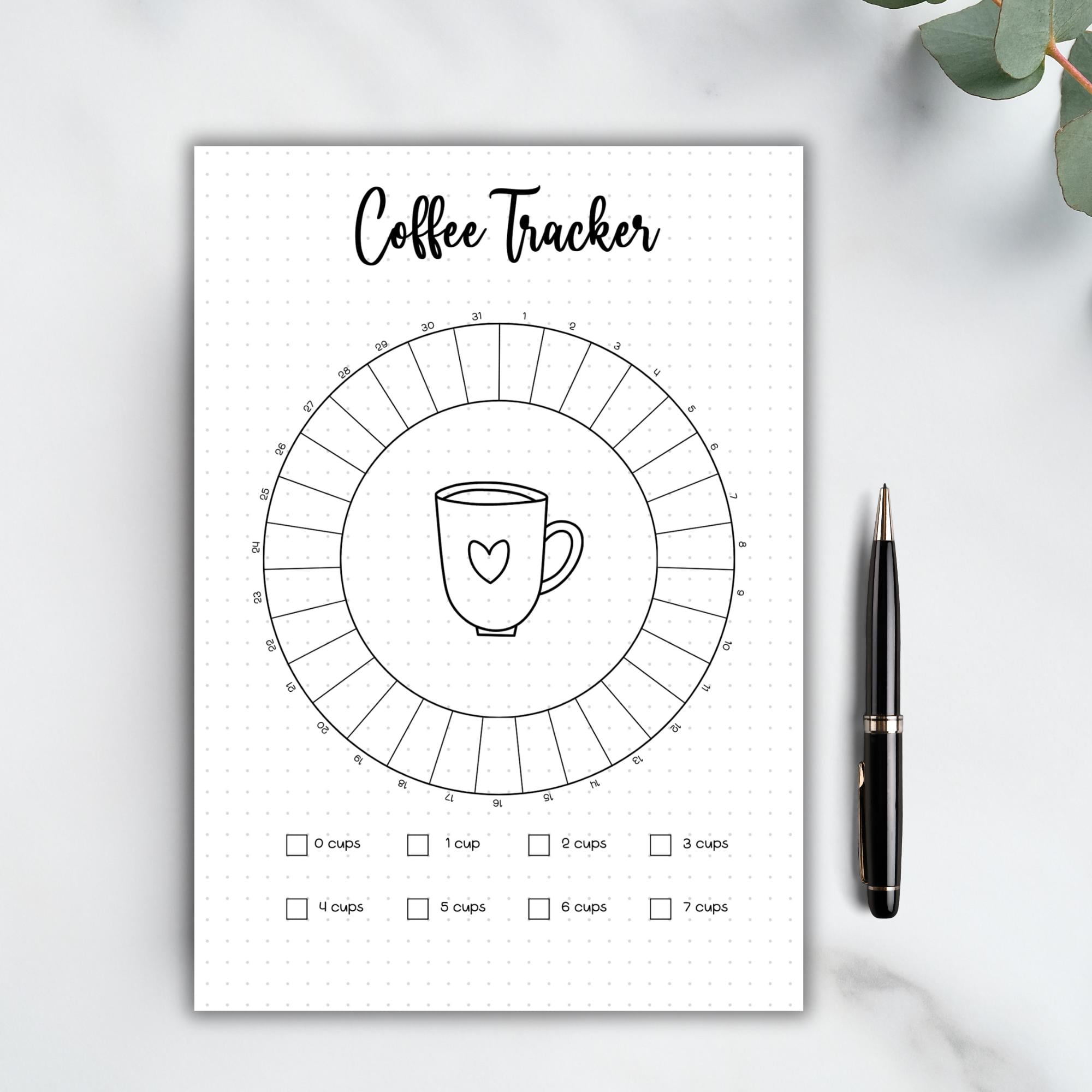 Coffee Tracker Wheel Bullet Journal Printable Page Monthly Coffee Log Daily Caffeine Tracker ...