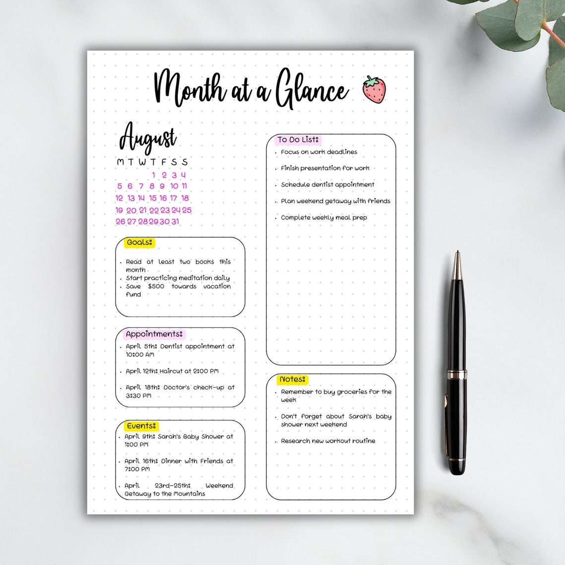 12 Month at a Glance Bullet Journal Pages Monthly Planner Journal ...
