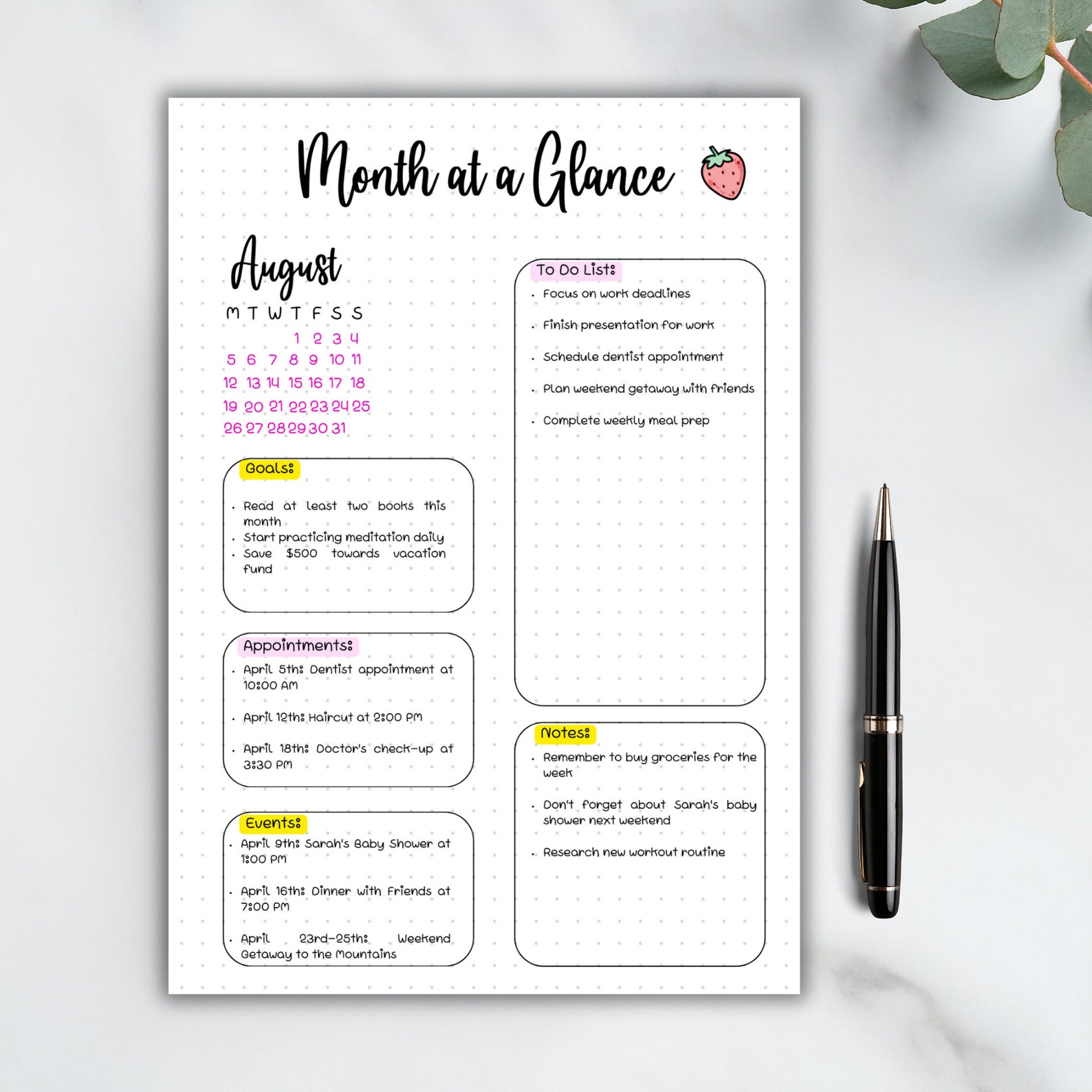 12 Month at a Glance Bullet Journal Pages Monthly Planner Journal ...