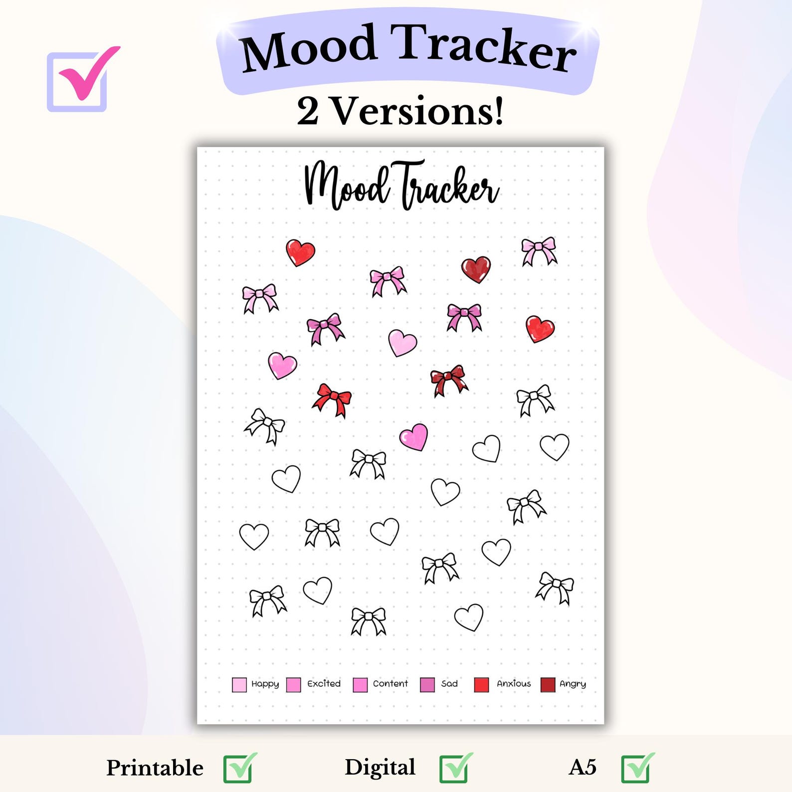 Heart Bows Mood Tracker It Girl Bullet Journal Cute Monthly Mood ...