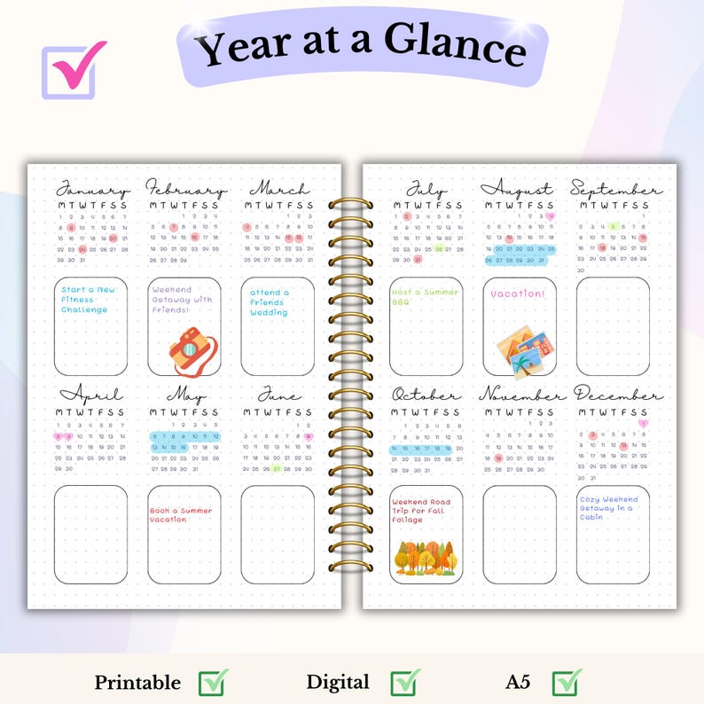 Year at a Glance Bullet Journal A5 Printable Undated Yearly Tracker ...