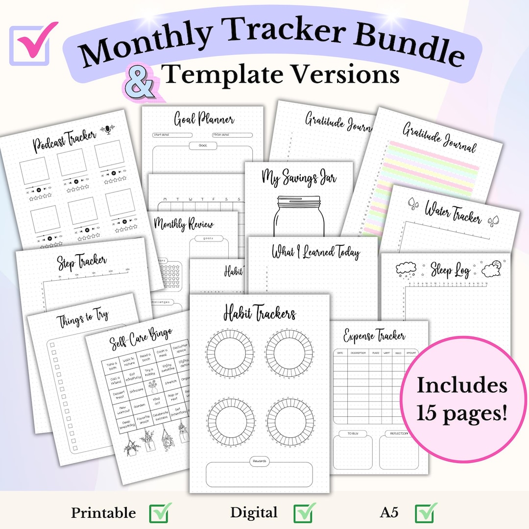 Monthly Trackers Bundle Bullet Journal Pages PDF Bullet Journal Tracker ...