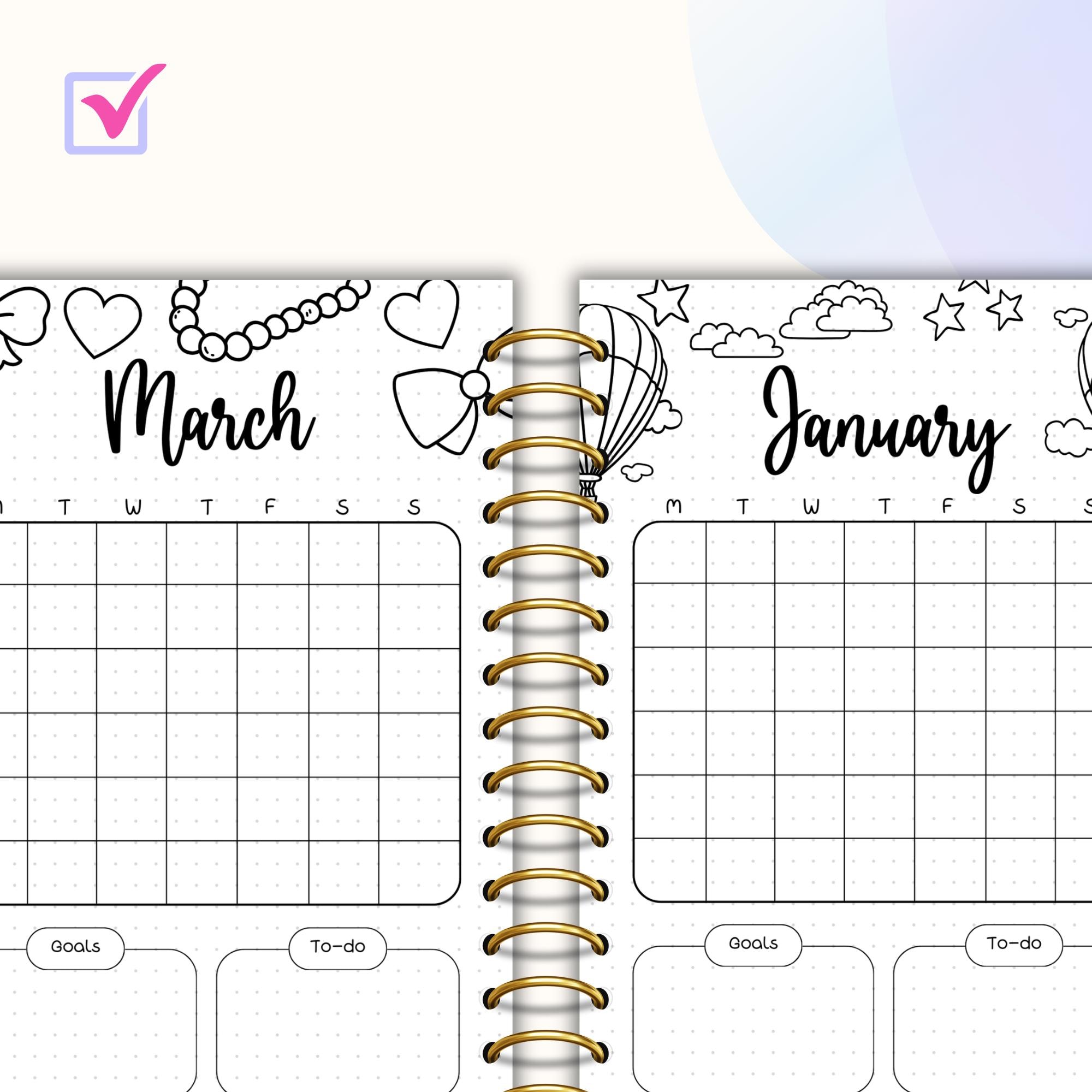 12 Month Calendar Pages Bullet Journal Bundle Monthly Planner Journal ...