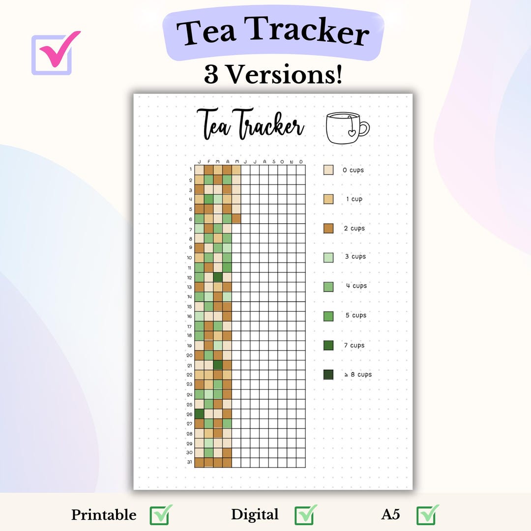 Tea Tracker Bullet Journal Printable Page Yearly Tea Log Daily Caffeine ...