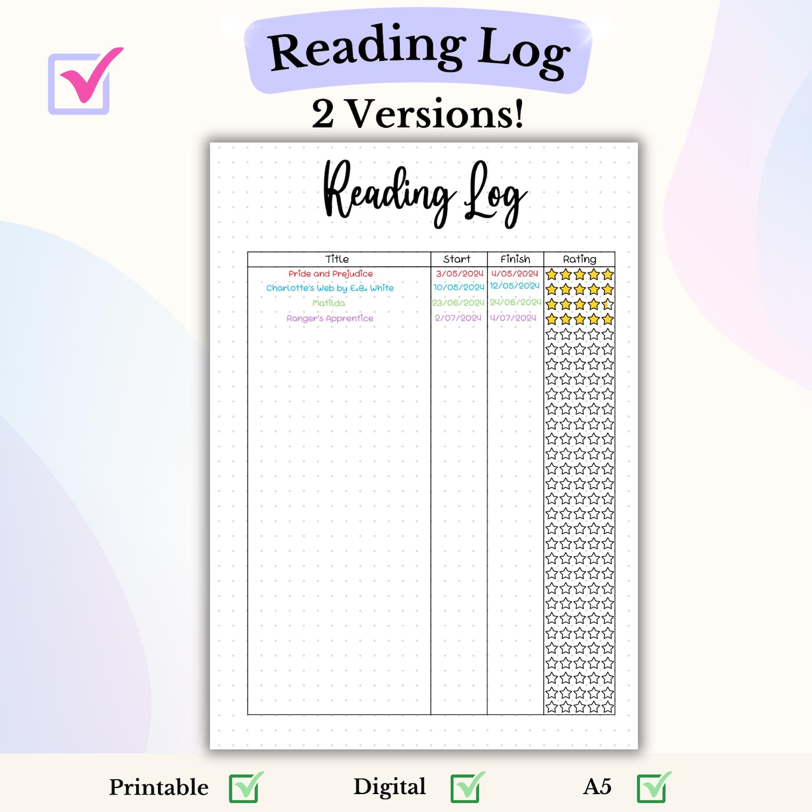 Reading Log Bullet Journal Printable Book Tracker Printable Book ...