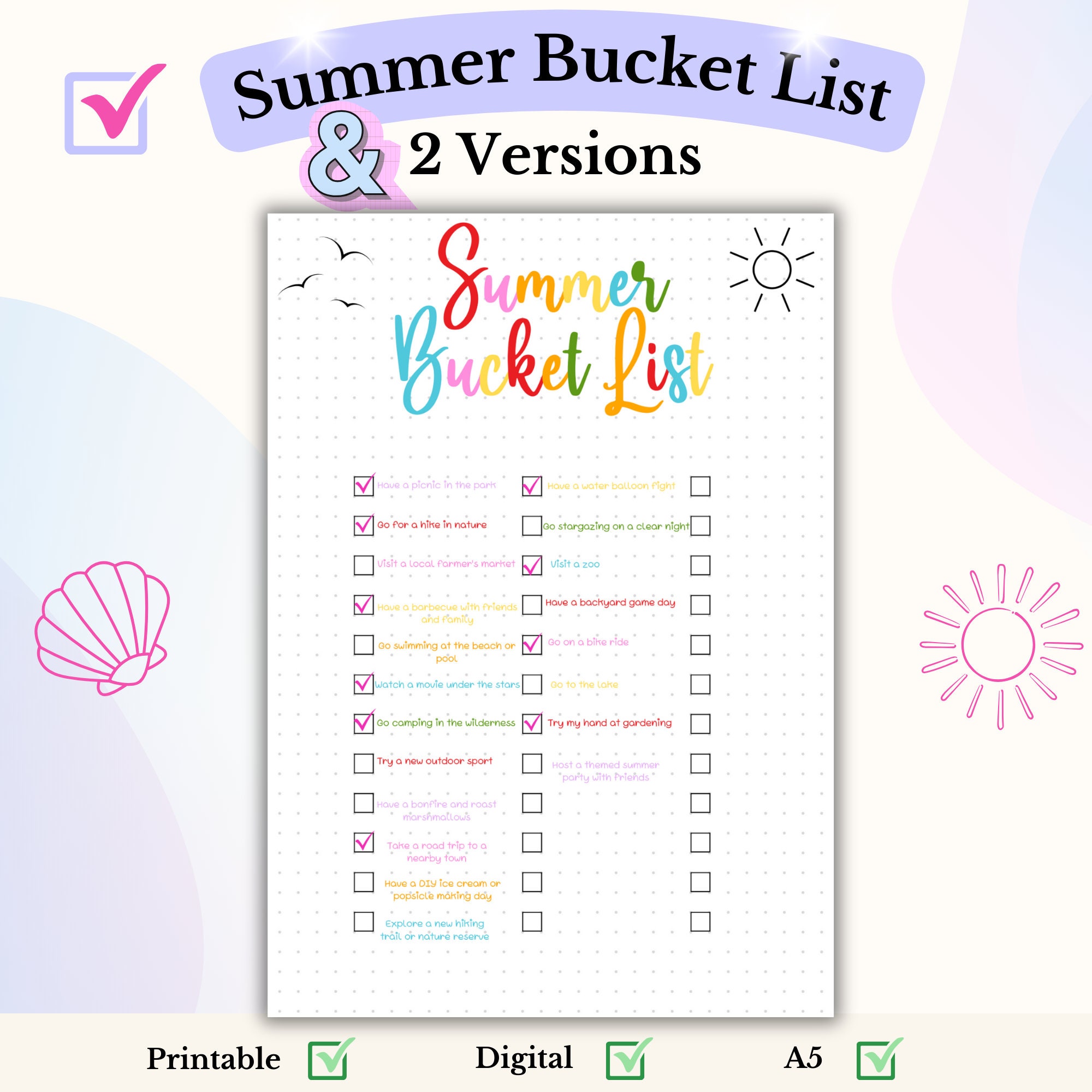 Summer Bucket List Bullet Journal Page A5 PDF Printable Bucket List ...