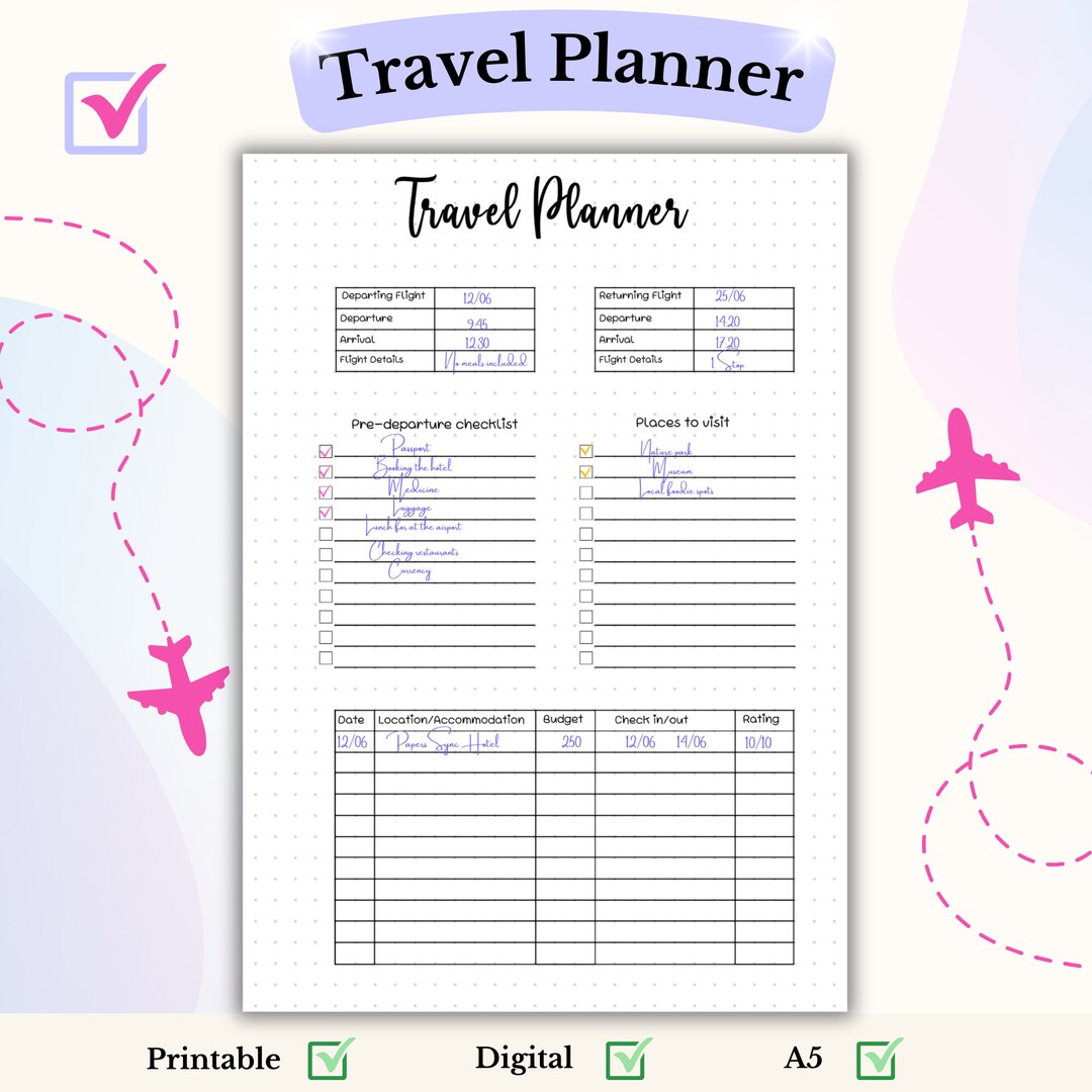 Travel Planner A5 Digital Printable Vacation Planner Flights ...