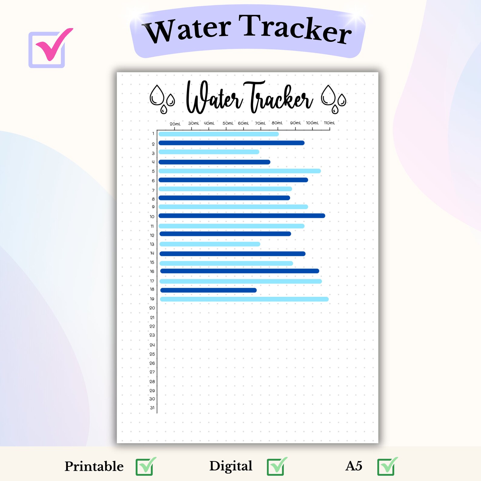 Water Tracker Bullet Journal A5 Printable Page Monthly Water Log Daily ...