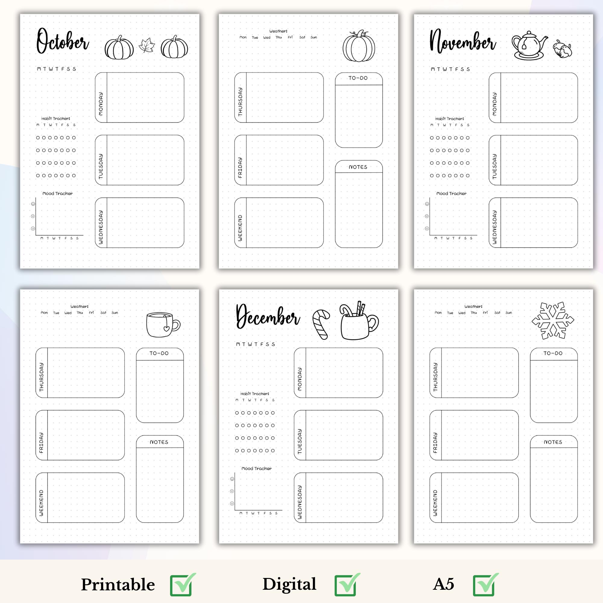Weekly Spread Bullet Journal Page A5 Printable Digital Planner Undated ...