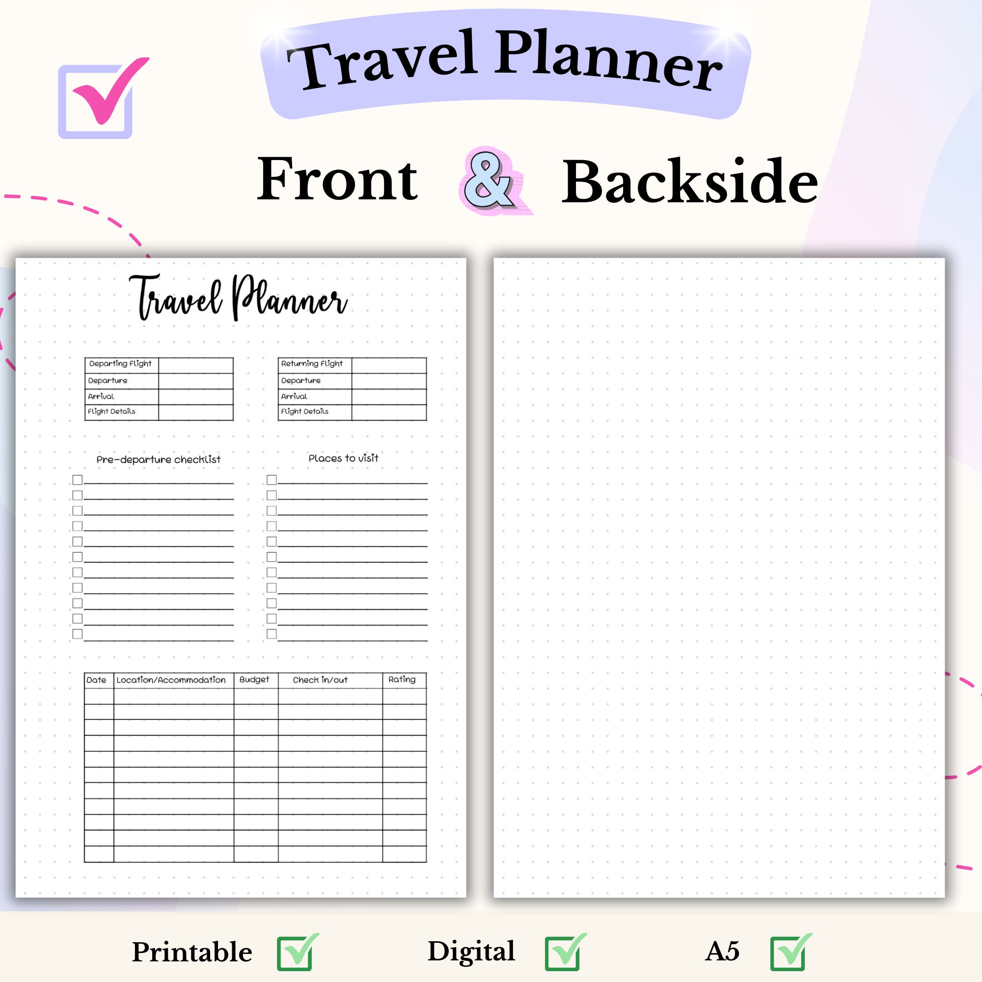 Travel Planner A5 Digital Printable Vacation Planner Flights ...