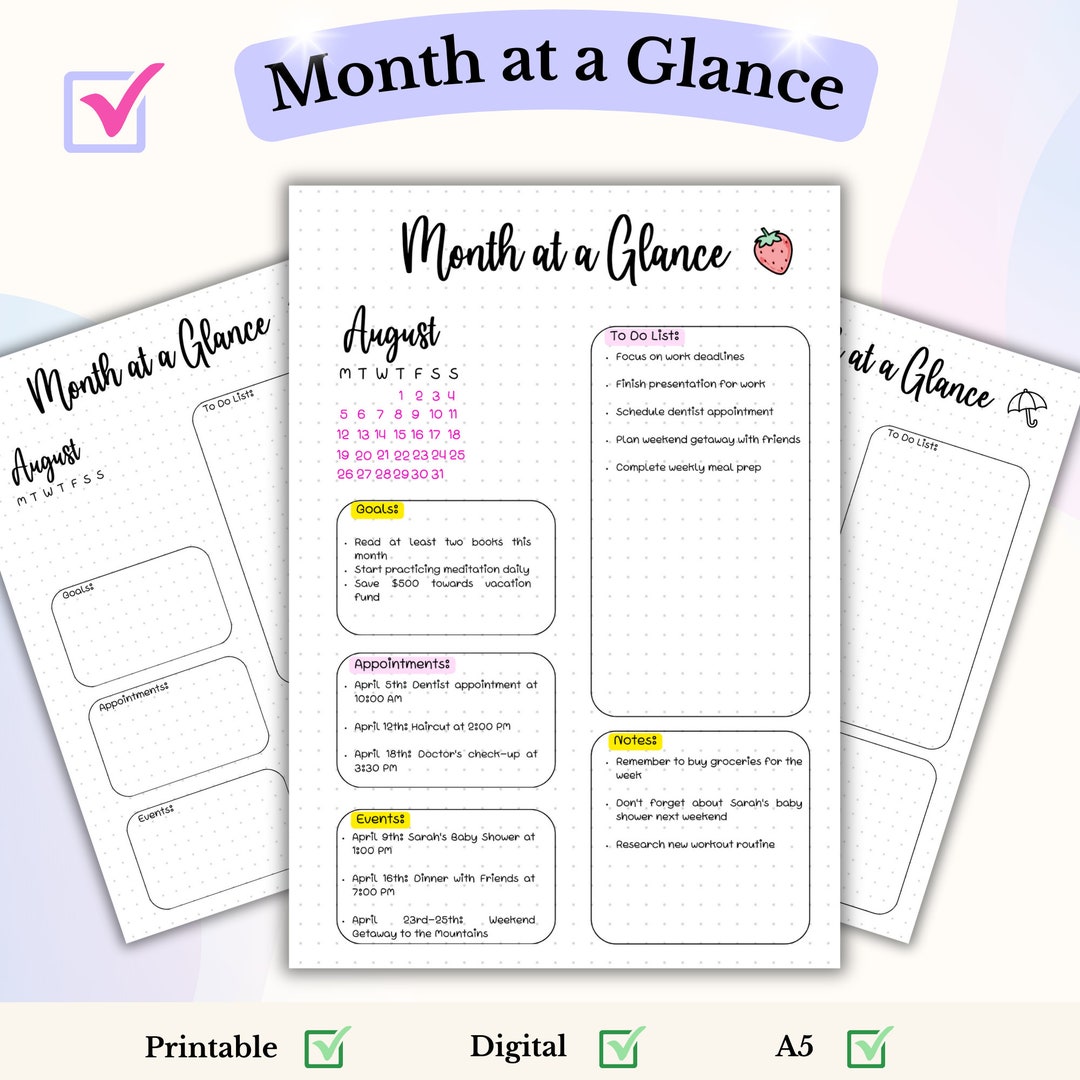 12 Month at a Glance Bullet Journal Pages Monthly Planner Journal ...