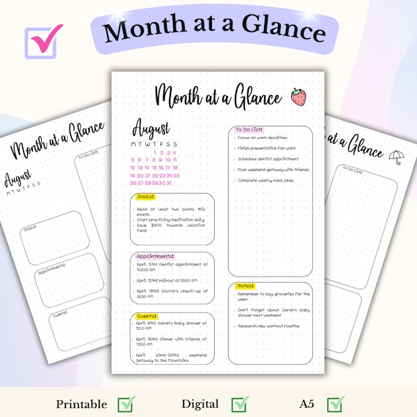 12 Month at a Glance Bullet Journal Pages Monthly Planner Journal ...